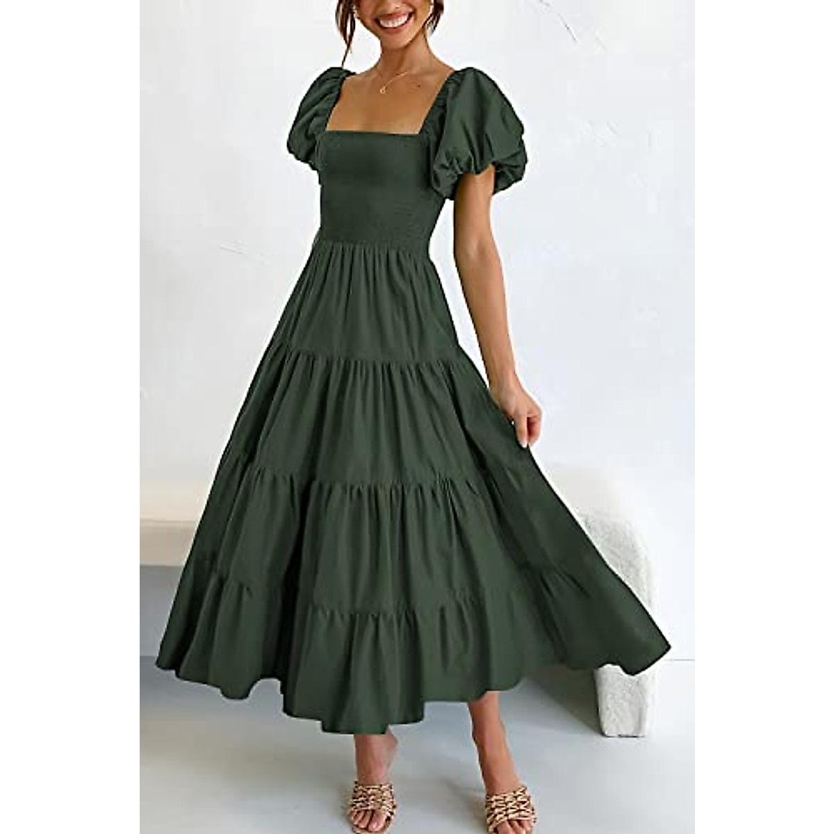 PRETTYGARDEN Women's Casual Summer Midi Dress Puffy Short Sleeve Square Neck Smocked Tiered Ruffle Dresses (Army Green,Medium)