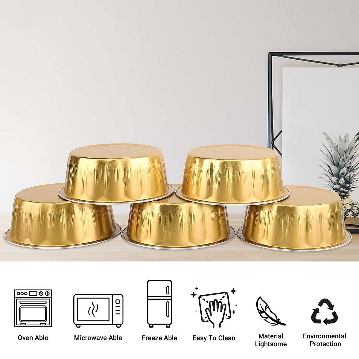 EUSOAR Aluminum Foil Cupcake Baking Cups, Gold 50 Pack 8oz Disposable Aluminium Creme Brulee Ramekins Cupcake Liners, Foil Desert Cake Pans Flan Molds Tin Foil Cups Containers with Lids for Baking