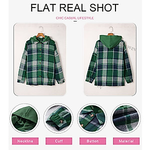 SHEWIN Womens Casual Plaid Hooded Flannel Shacket Jacket Hoodie Fall Winter Long Sleeve Oversized Button-Down Boyfriend Shirts Tops,US 18-20(2XL),Green
