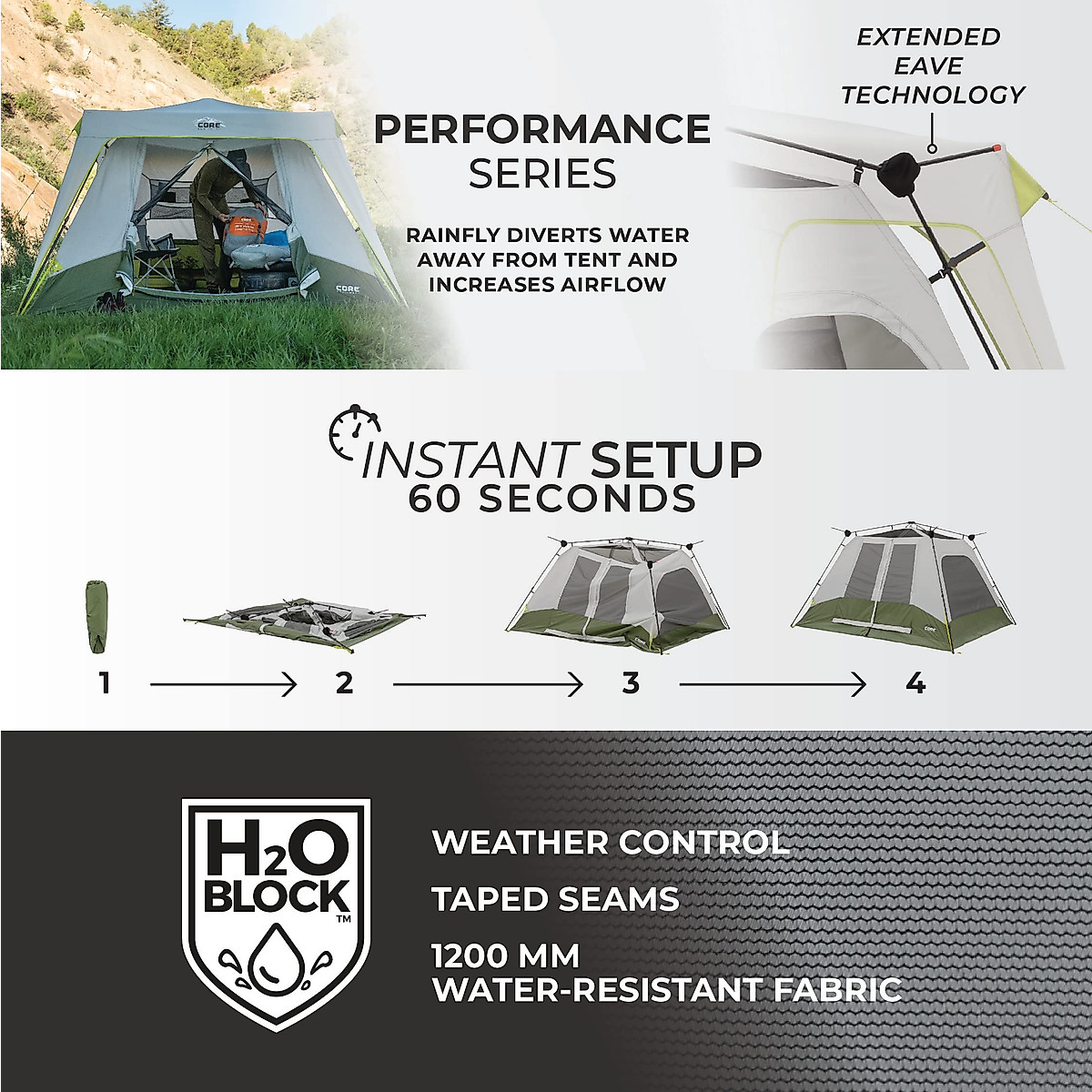 CORE 6 Person Instant Cabin Tent | Portable Large Pop Up Tent with Easy 60 Second Camp Setup for Family Camping | Included Hanging Organizer for Outdoor Camping Accessories