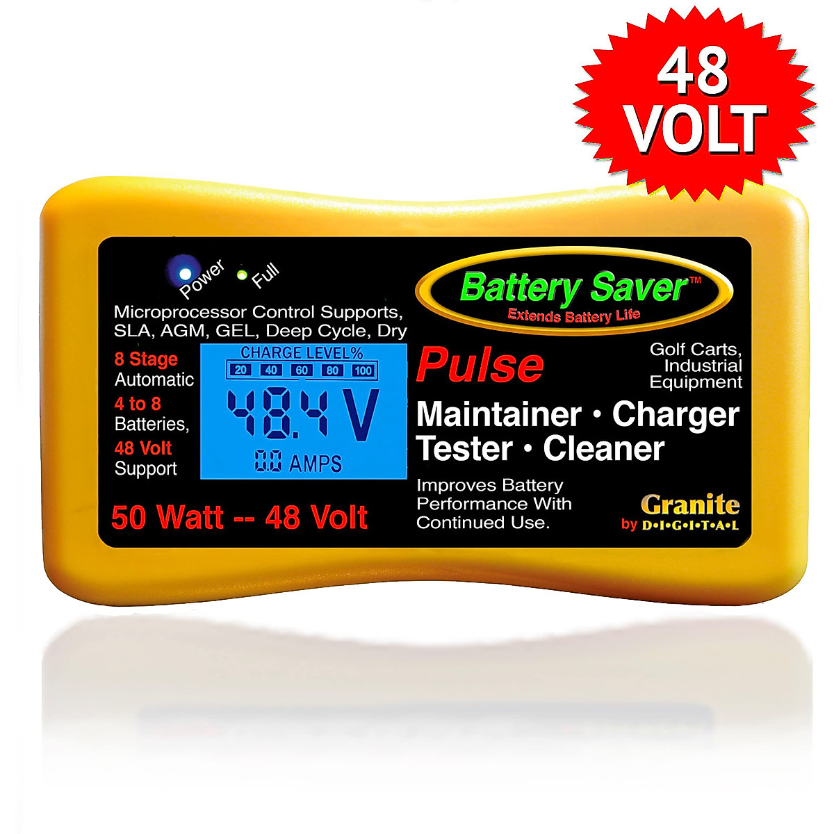 Battery Saver Premium 48 Volt 50W Pulse Charger, Maintainer & Tester (Gen. 3), Yellow, Black (2365L-48-G3)