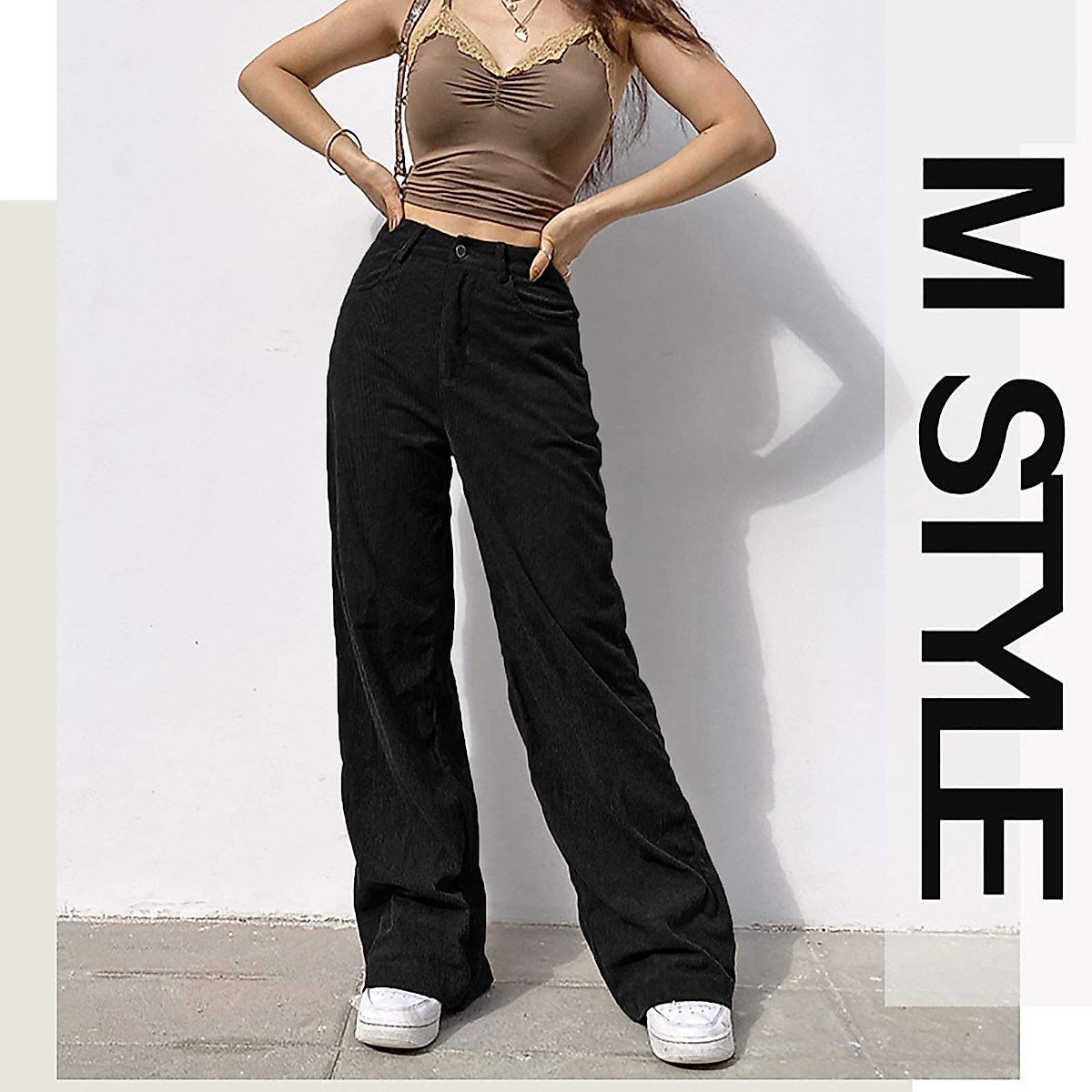 Bravetoshop Women's Wide Leg Pants Regular Fit Casual High Waist Floor Length Trousers Y2K Fashion Streetwear (Black,XL)