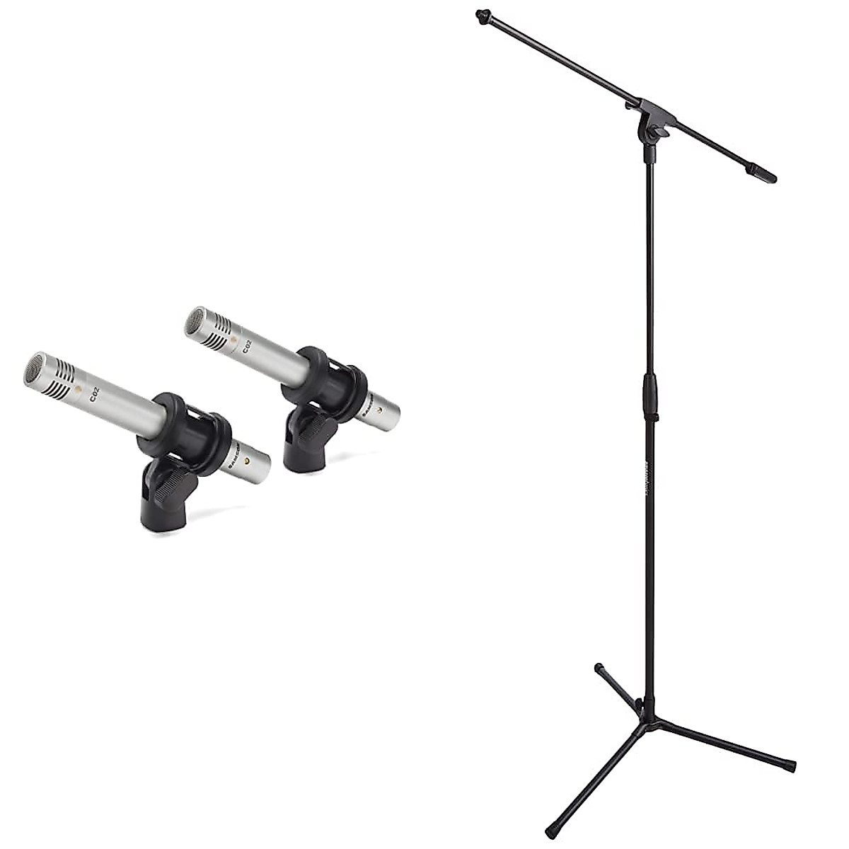 Samson Pencil Condenser Microphones (SAM C02PR) and Amazon Basics Adjustable Boom Height Microphone Stand with Tripod Base - Black