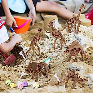 24 Pcs Dinosaur Fossil Skeleton Dino Bones Dino Sand Dig Colorful Foam Dinosaur Eggs and 4 White Plastic Bones Toys for Kids Science Play Dino Sand Dig Halloween Party Decor Supplies (Dark)