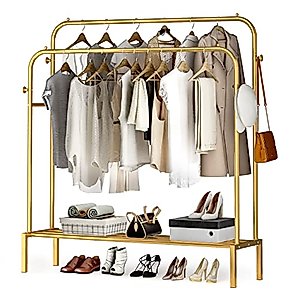JOISCOPE Double Rods Portable Garment Rack for Hanging clothes, 43.5 * 60.6 Inch Metal Clothing Rack with Bottom Shelves and 4 Hooks,Freestanding Clothes Rack for Bedroom,Space Saving, Gold