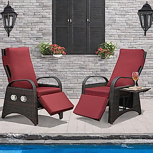 Art to Real Outdoor Recliners Set of 2 Patio Recliner Chair, Adjustable Reclining Lounge Chair and Removable Soft Cushion, Flip-up Side Table, Recliner Chair, Red