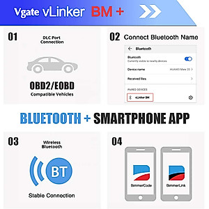 Vgate vLinker BM+ OBD2 Bluetooth Scanner for BMW/Mini BimmerCode, Car Code Reader for iOS, Android, and Windows