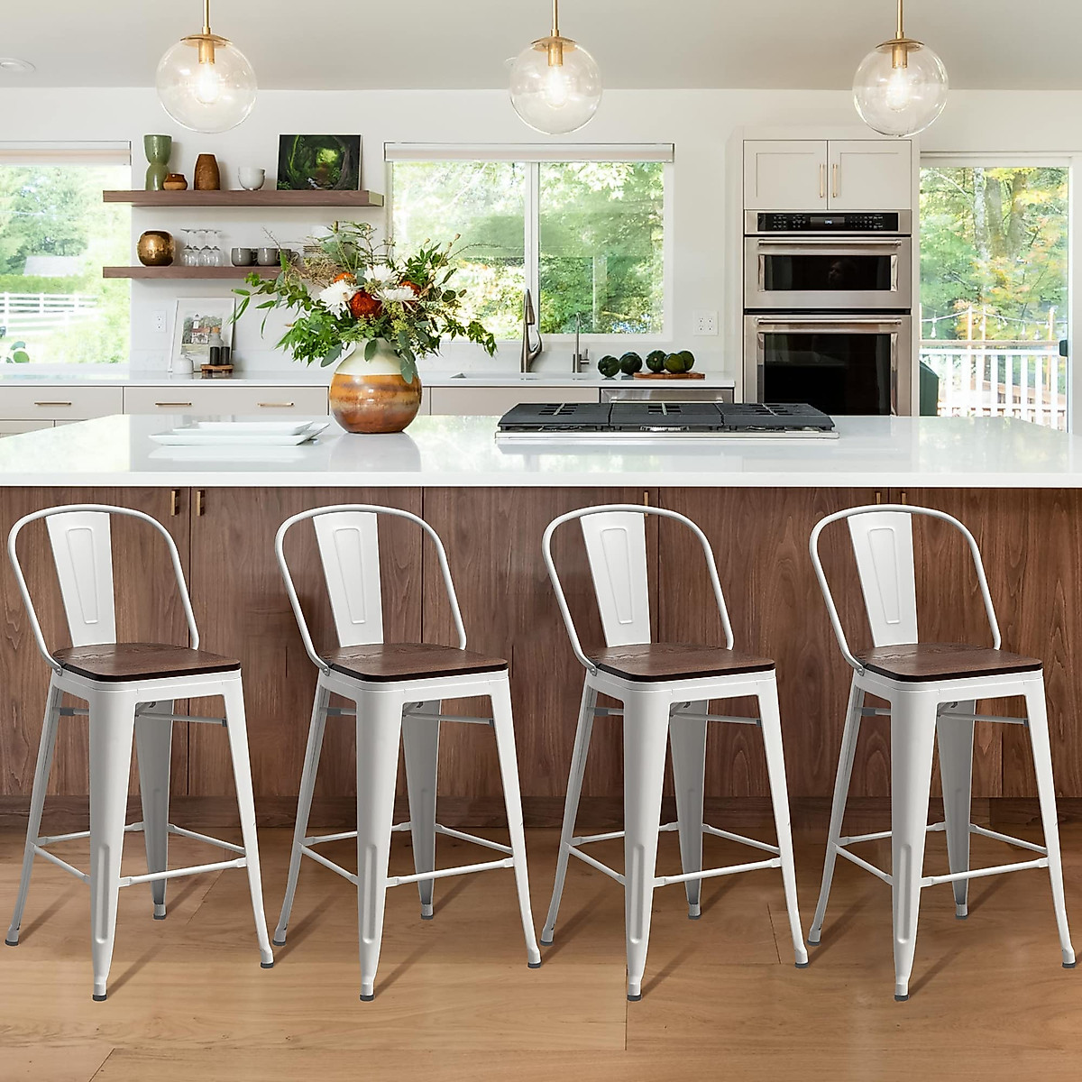 Aklaus Metal Bar Stools Set of 4, 24 inch Counter Height Bar Stools with Backs, Farmhouse Style, Larger Seat, High Back Kitchen Dining Chairs, Cream White Stool