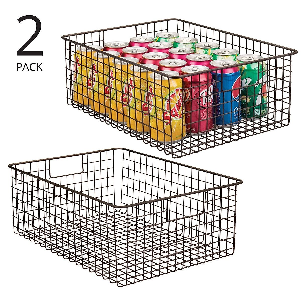 mDesign Metal Wire Food Storage Basket Organizer with Handles for Organizing Kitchen Cabinets, Pantry Shelf, Bathroom, Laundry Room, Closets, Garage - Concerto Collection - 2 Pack - Bronze