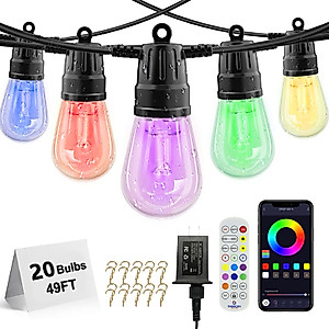 YSJ Outdoor String Lights for Outside,49FT RGB Patio Lights Outdoor Waterproof with App & Remote,DIY Each Bulb Color Changing String Light with 20 Shatterproof Bulbs Dimmable for Balcony,Cafe,Backyard