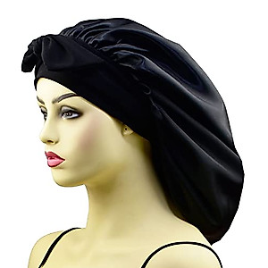Extra Large Sleep Cap Satin Bonnet for Sleeping Long Hair Bonnet for Women Large Night Cap for Curly Hair XL Silk Bonnets (Black + Rose)