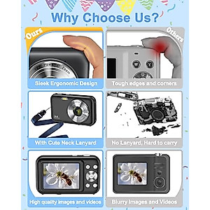 Fulealfly Digital Camera, FHD 1080P Kids Camera with Neck Lanyard 32GB Card Battery, Anti-Shake 16X Zoom, 44MP Point Shoot Cameras, Compact Portable Gift Camera for Kid Teen Student Girl Boy(Black)