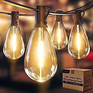 TJOY S14 LED Outdoor String Lights, 50ft Connectable String Lights with 15 Shatterproof Bulbs, E12 Sockets and Weatherproof Strand, Edison Vintage Style Warm White, Decorate Backyards, Cafes, Patios