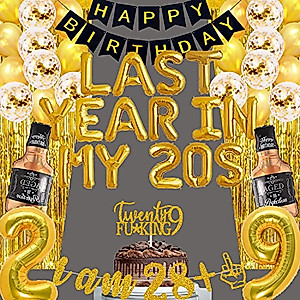 29th Birthday Decorations for Men include Last Year In My 20s Balloon Banner I AM 28+1 Glitter Banner 29 Birthday Cake Topper Cupcake Toppers Number 29 Foil Balloons Whiskey Balloon
