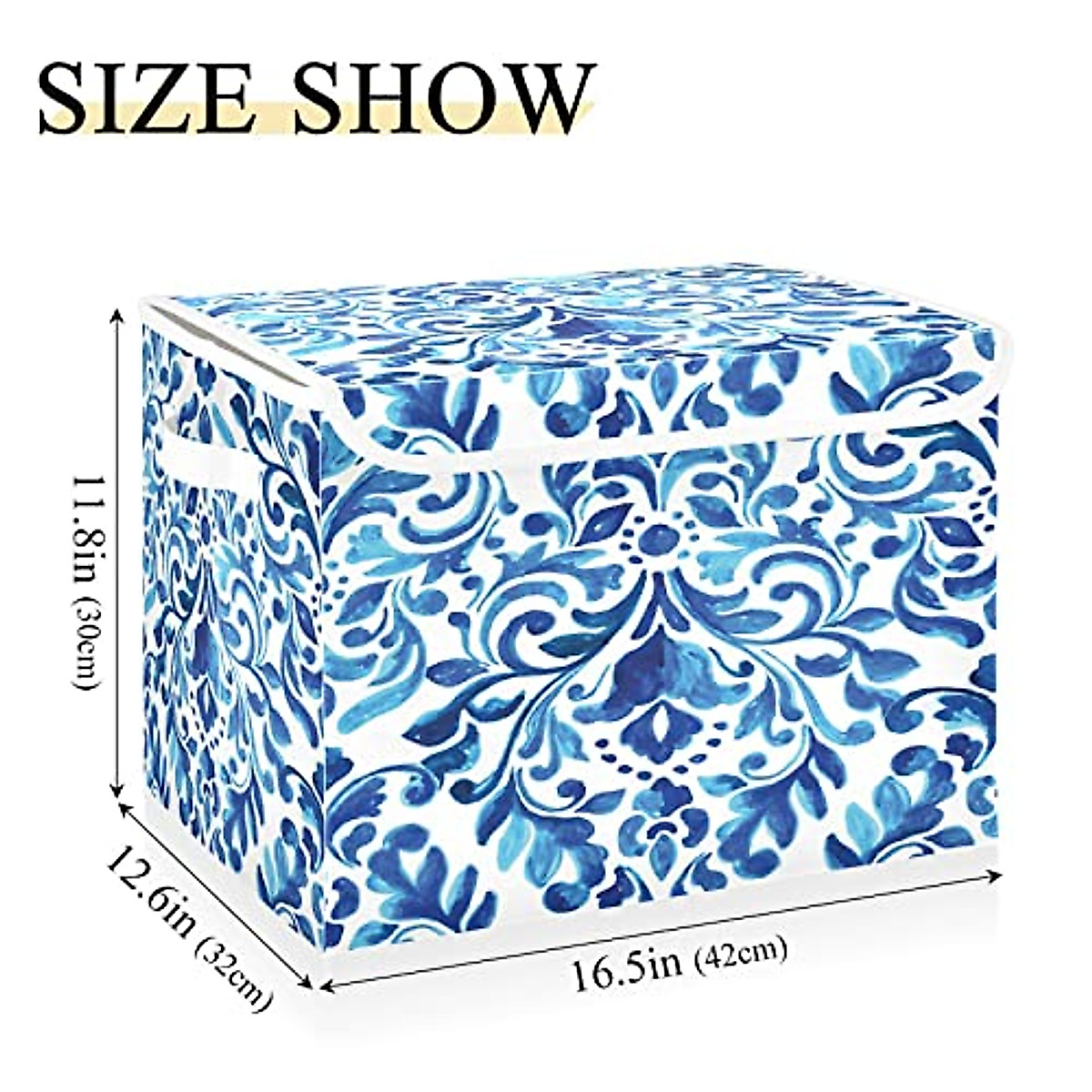 Vnurnrn Collapsible Storage Bins with Lids, Hand Drawn Blue Floral Foldable Storage Boxes, Storage Box Cube with Lid for Clothes,Bedroom,Toys,16.5x12.6x11.8 Inch