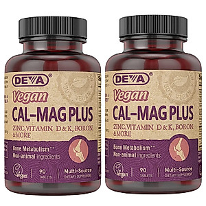 DEVA Vegan Calcium Magnesium Supplement Plus, Zinc, Vitamin C, Vitamin D, Vitamin K, Boron, Sugar Free & Gluten Free, 90-Tablets, 2-Pack