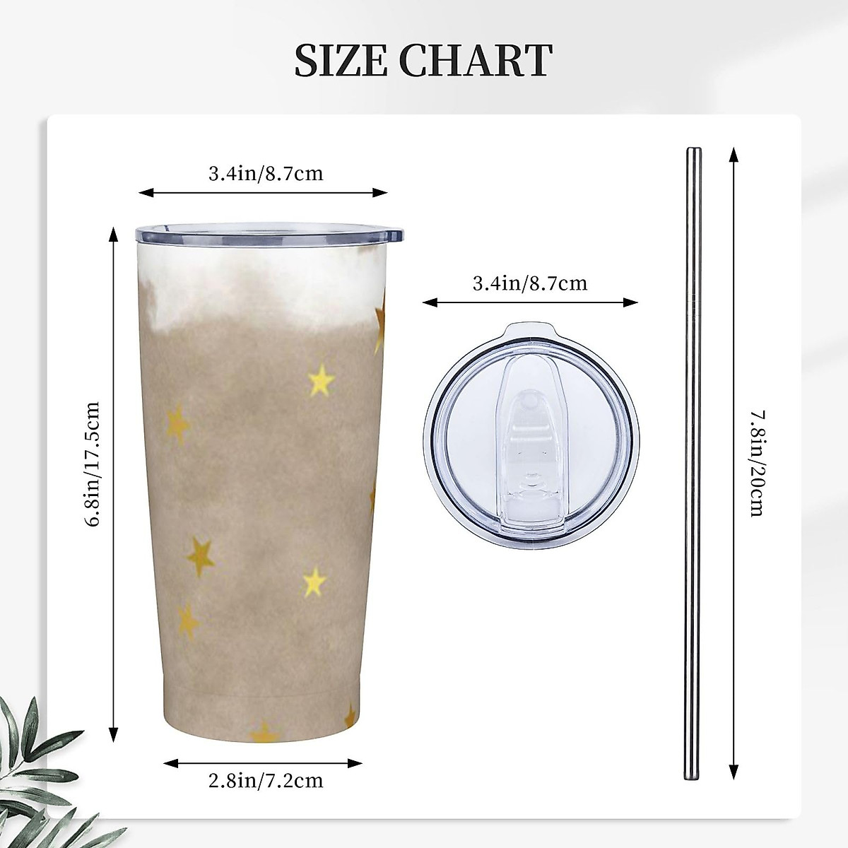 EVANEM 20 Oz Stainless Steel Tumbler With Straw Cleaner White Cloud Gold Stars Printed Insulated Cup Travel Coffee Mug Vacuum Insulated Tumblers For Home Office