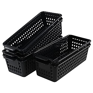 Idomy 6-Pack Slim Plastic Storage Trays Baskets, Black Small Storage Basket