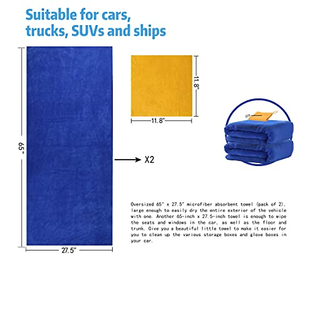 Lusaya Multipurpose Microfiber Towel,Professional Grade car wash Towels ( 2 Pieces 27.5 x 65 ) , Super Absorbent Microfiber Car Towel, for Car, Truck, Locomotive, Yacht，Special Motor Vehicle(Blue, 2)