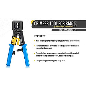 EMS RJ45 Crimp Tool Kit, With 50 Cat6 Pass Through Connectors and 50 Clear Cable Strain Relief Boots + Extra blades - EZ Cut, Strip, Crimp Ethernet Cables