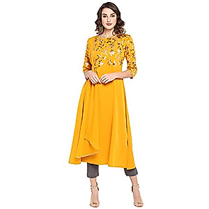 Janasya Women's Mustard Foil Printed Poly Crepe Kurta