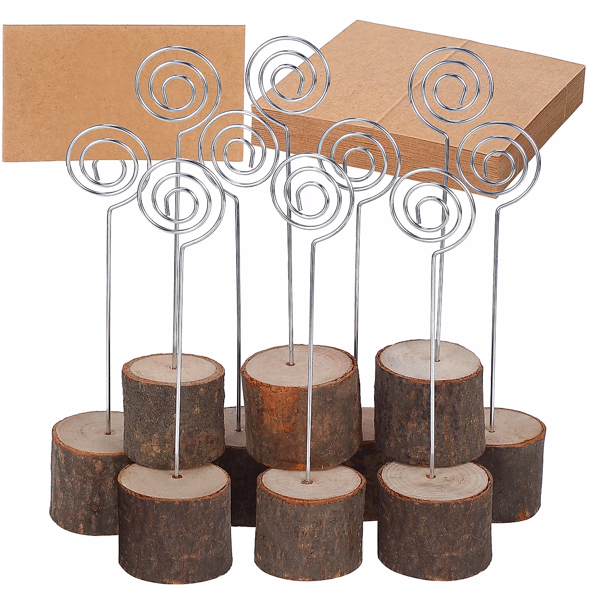 Gilprop 24 Pcs Wood Place Card Holders with Swirl Wire Wooden Memo Holder and 48 Pcs Kraft Place Cards Table Number Holders Picture Stands for Table Note Clip Holders for Wedding Party Name Food Sign