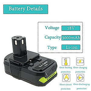 2Packs 18V Battery and Charger Combo for Ryobi 18-Volt Cordless Tools Battery and P118B Charger, Cell9102 18V Battery Capacity Output 3.0Ah
