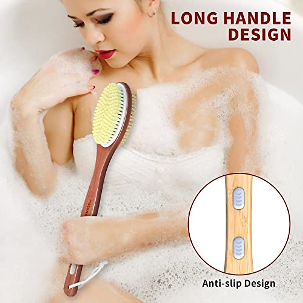 Metene Shower Brush with Upgrade 17-inch Rosewood Handle, Double-Sided Body Brush with Stiff and Soft Natural Bristles for Wet or Dry Brushing, Back Scrubber for Gentle Exfoliating and Clean Easily