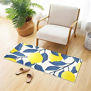Fluffy Floor Carpet-Tropical Blue Leaf Yellow Lemons，39x20in Front Door Mat Indoor Machine Washable Carpet,Aesthetic Rug