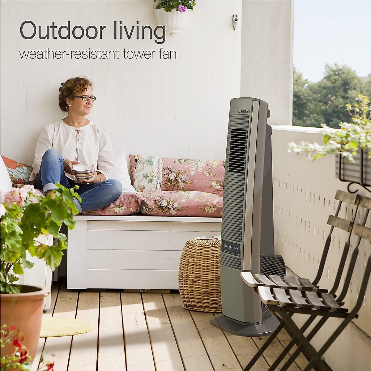 Lasko Outdoor Living Oscillating Tower Fan, for Decks, Patios and Porches, 10 Foot Power Cord, 4 Refreshing Speeds, 42", Grey, YF202