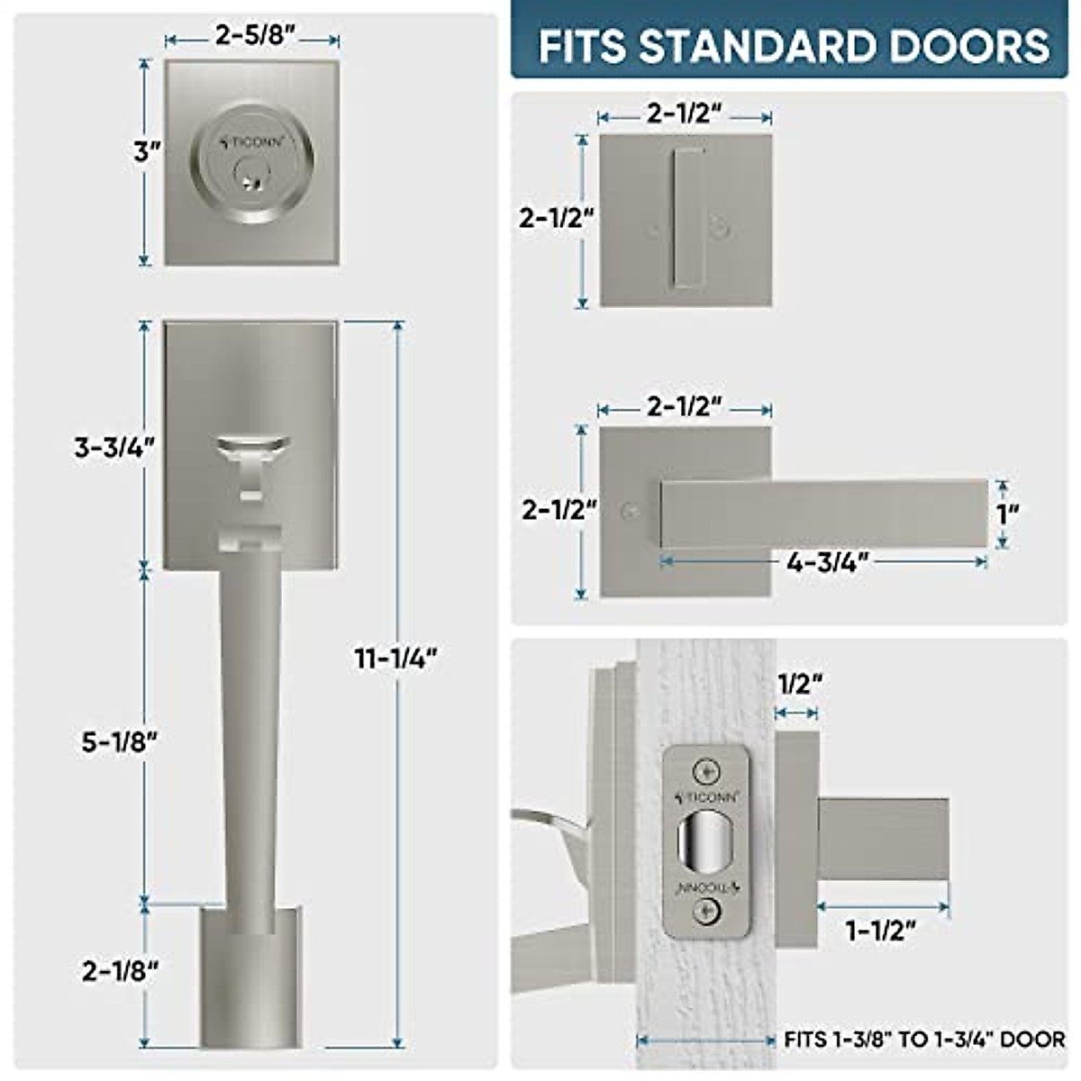 TICONN Front Door Handle Set, Heavy Duty Square Door Lever & Single Cylinder Deadbolt Combo Reversible for Entrance Exterior Doors (Satin Nickel)
