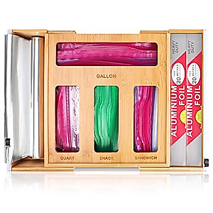 Ziplock Bag Organizer with Cutter and Foil And Plastic Wrap Organizer, Expandable Bamboo Baggie Organizer Plastic Wrap Dispenser With Cutter for Kitchen Drawer, Ziplock Bag Organizer for Drawer