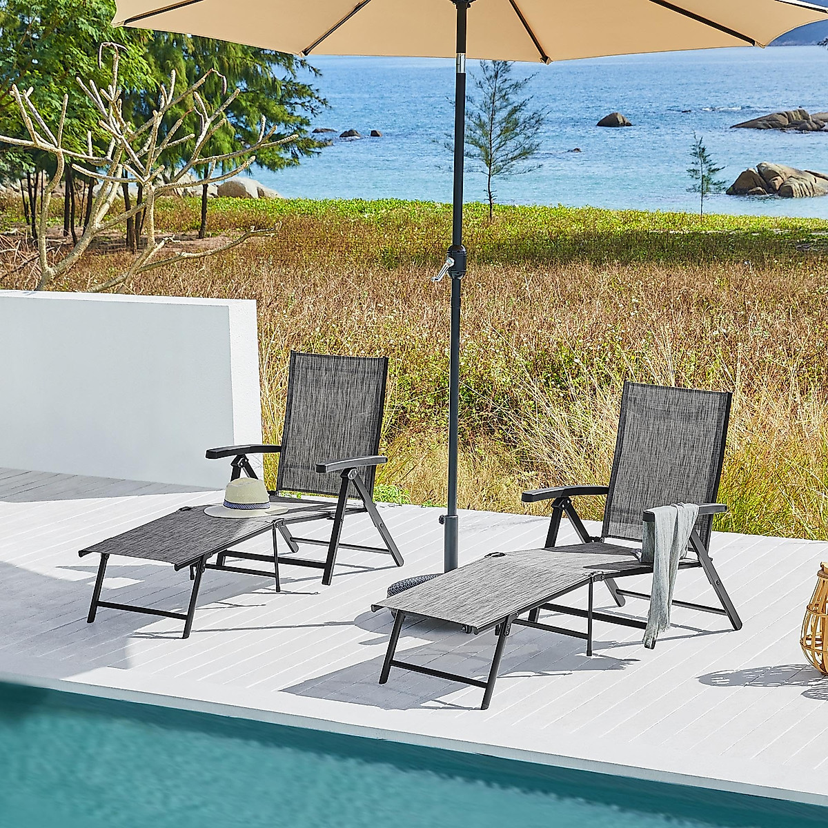 Yaheetech Outdoor Folding Chaise Lounge Set of 2 Patio Reclining Chairs w/Adjustable 7-Position Back for Beach Pool Garden Yard Deck Gray