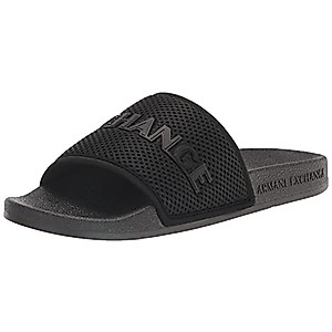 A|X ARMANI EXCHANGE Men's Mesh Rubber Logo Pool Slide Sandal, Black+Black, 7