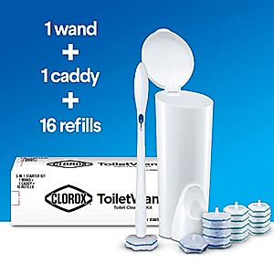 Clorox ToiletWand Disposable Toilet Cleaning Kit, Toilet Brush, Toilet and Bathroom Cleaning System with Storage Caddy and 16 Disinfecting ToiletWand Refill Heads (Package May Vary)