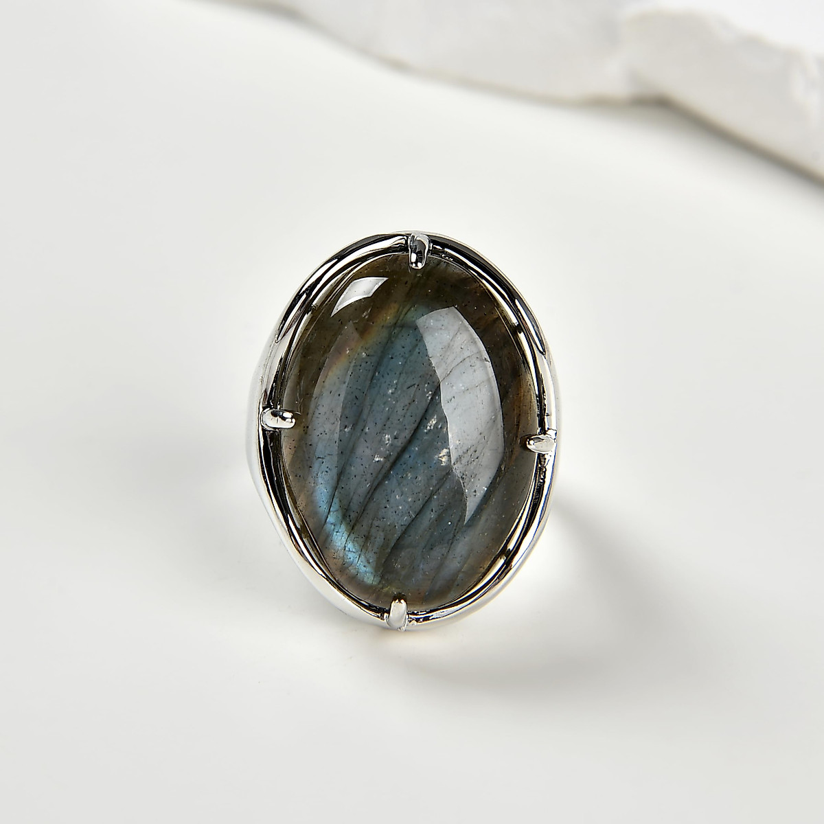 Natural Stone Adjustable Finger Rings Semi Precious Oval Shaped Gemstone Jewelry For Women Anniversary Birthday Wedding Gift (AA Quality Labrodarite)