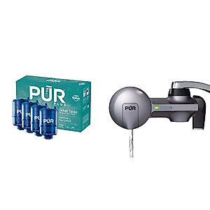 PUR PLUS Mineral Core Faucet Mount Water Filter Replacement (4 Pack) & PLUS Faucet Mount Water Filtration System, Metallic Grey – Horizontal Faucet Mount for Crisp, Refreshing Water, PFM350V