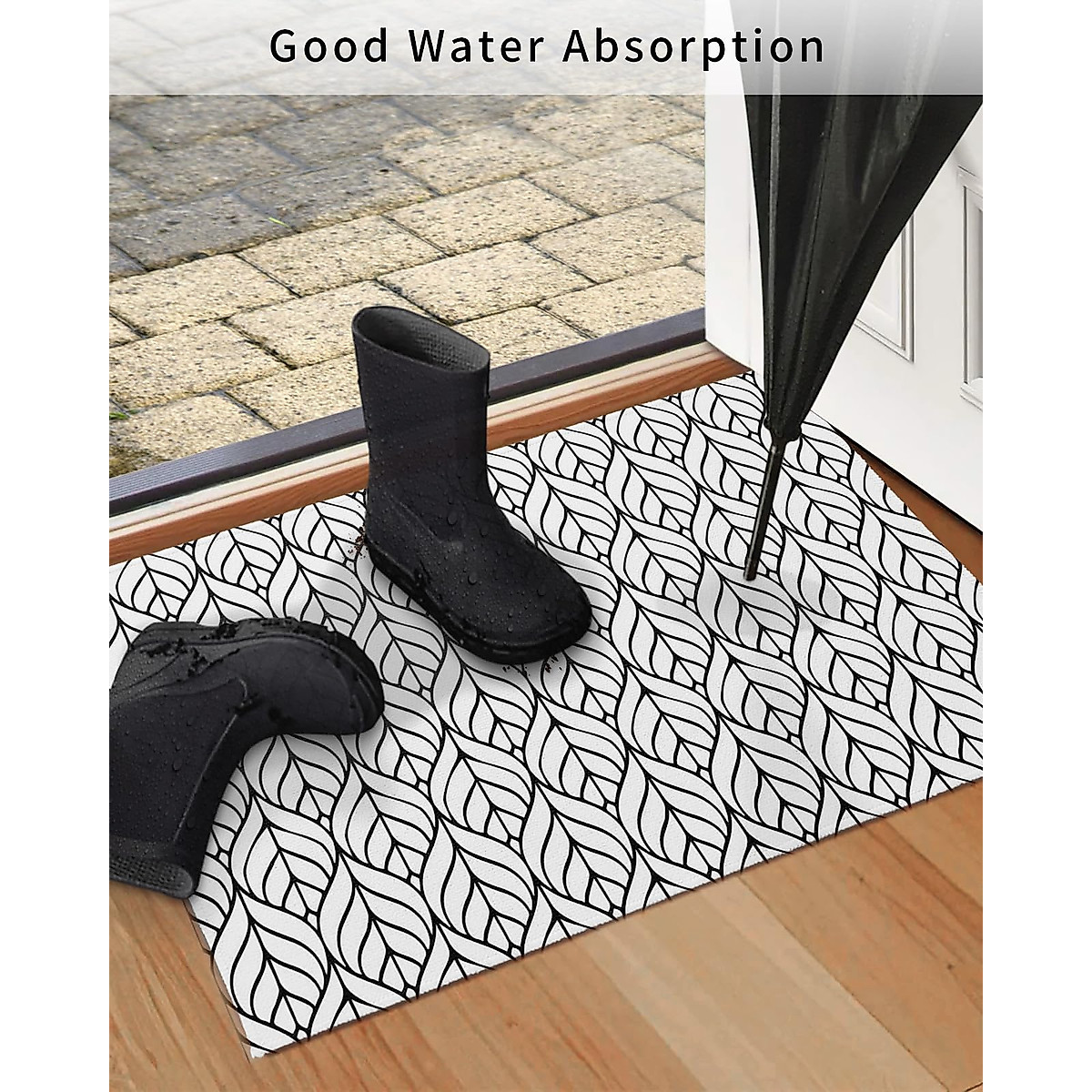 Indoor Outdoor Mats, Black and White Leaf Tile Pattern Door Mat, Non-Slip Absorbent Resist Dirt Entrance Mat Washable Welcome Mats for Entryway, Low-Profile Floor Mats