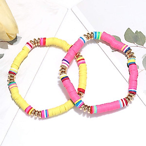 NVENF Heishi Bracelets Rainbow Vinyl Disc Bead Stretch Bracelets for Women Bohemia Stackable Surfer Bracelets for Girls Summer Beach Vacation Accessory (Style A)