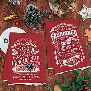 AnyDesign Merry Christmas Kitchen Towel Red Farmhouse Dish Towel 18 x 28 Inch Gingerbread Sleigh Rides Tea Towel Hand Drying Towel for Home Party Cooking Baking, 2 Packs