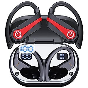 Bluetooth Earbuds 5.3 Sports Wireless Earbuds with Earhooks 2023 NEW Bluetooth Wireless Headphones Over-Ear 120H Playtime with Dual LED Display Red Earphones Deep Bass Bluetooth Ear buds for Workout
