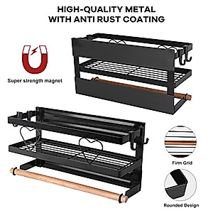 Graehn Magnetic Shelf for Refrigerator Paper Towel Holder Wall Mount Magnetic Spice Rack for Refrigerator Washing Machine Microwave Oven Organizer for Kitchen 4 Hooks (Black)