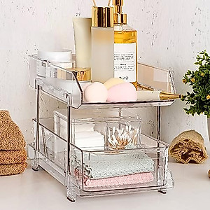 Frogued Desktop Rack 2 Tier Clear Organizer with Dividers, Multi-Purpose Slide-Out Storage Container for Bathroom and Kitchen Counter, Medicine Cabinet Storage Bins, Under Sink Closet Organization Cl