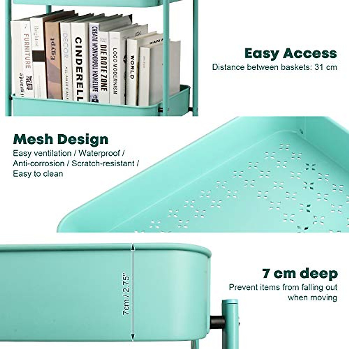 Todeco 3 Tier Foldable Plastic Rolling Storage Utility or Kitchen Cart ,Folding Mobile Trolley Storage Organizer with Wheels for Office Bathroom Bedroom,Free Assembly,Green