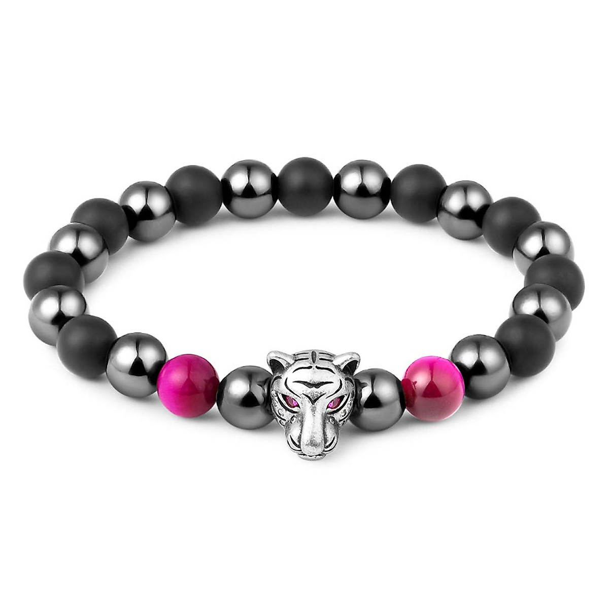 Karseer White Tiger Head Bracelet, Crystal and Healing Stones Rose Tiger Eye Magnetic Hematite Black Agate Therapy Energy Spirit Animal Stretch Bracelet for Women, Charkra Bracelet