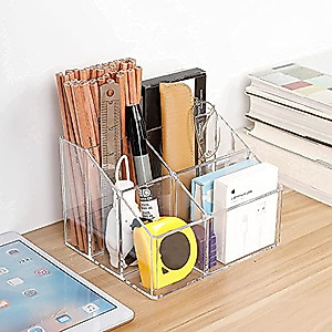 Yesesion Clear Pen Holder, Pen Organizer for Desk, Pencil Cup for Office, School Supplies, Home, Art Stationery, Desktop Storage and Accessories for Card, Marker, Brushes, Makeup Caddy, 5 Compartment