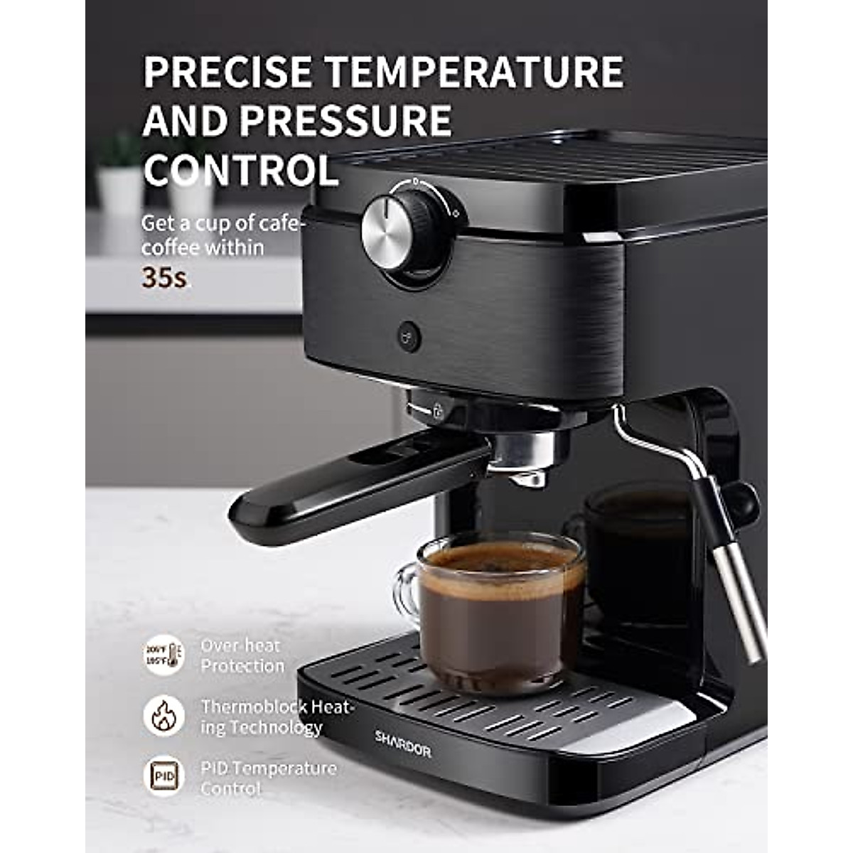 SHARDOR Espresso Machine, Automatic Latte & Cappuccino Maker, 15 Bar Pump Pressure Espresso Coffee Maker with Milk Frother Steam Wand, 1300W, Black