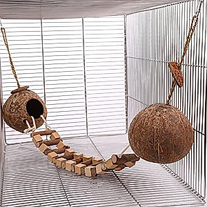 Coconut Bird Nest with Ladder for Parrots Parakeet Conures Lovebird Cockatiel Finch Canary, Small Animals Hideaway Hut, Coconut Shell Bird Cage Toy, Natural Coconut Squirrel House Hanging Loop
