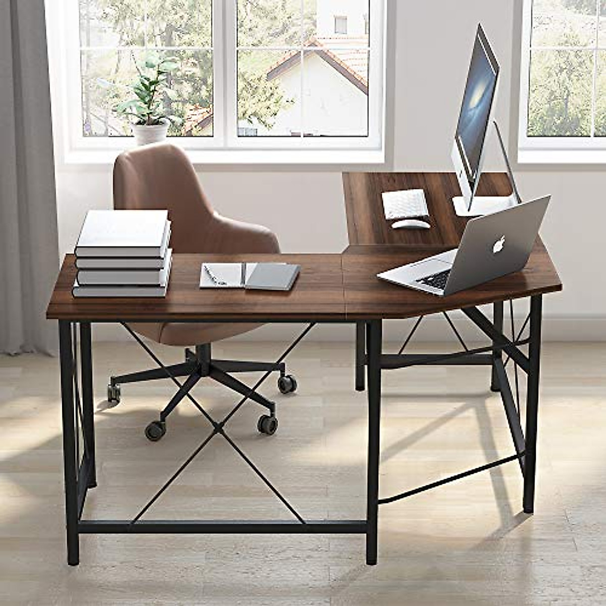 Coral Flower L-Shaped Desks for Home Office - Corner Computer Desk Writing Table Workstation - Sturdy Gaming Desk PC Laptop Dark Brown