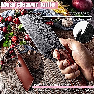 Meat Cleaver Knife, Heavy Duty Kitchen Chopping Knife with Leather Sheath and Bottle Opener Full Tang Ergonomic Handle for Kitchen/Camping/Outdoor Survival BBQ -Gift Box